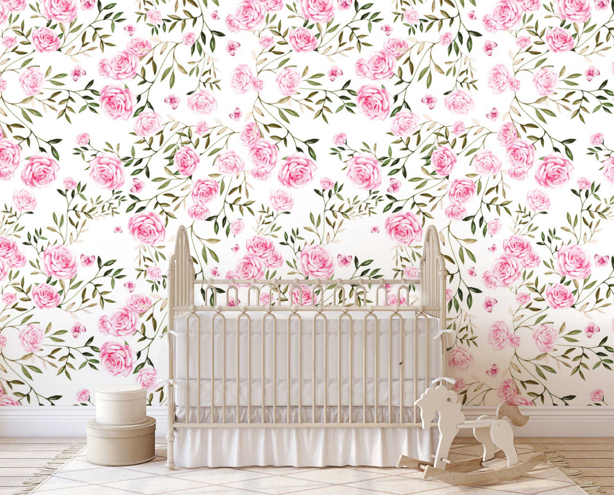 Flowers & Butterfly WIV-628 - A Delicate Floral Wall Mural & Wallpaper ...